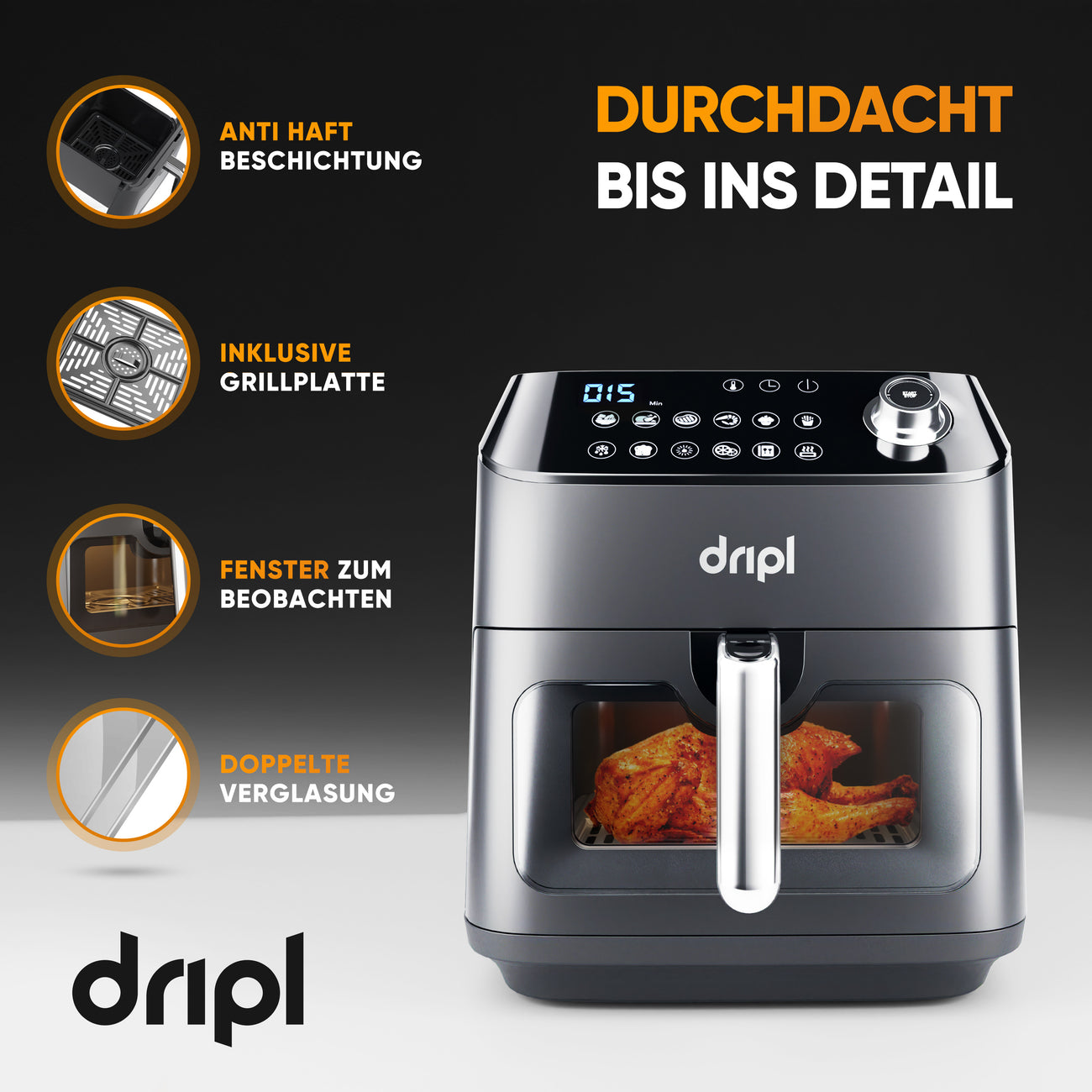 Dripl Heißluftfritteuse 5,7L mit LCD Touchscreen