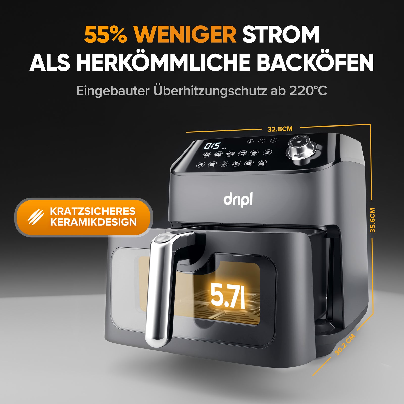 Dripl Heißluftfritteuse 5,7L mit LCD Touchscreen